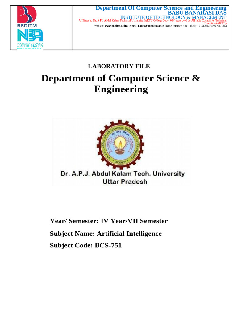 AI Laboratory File for CSE Students | PDF | Engineering | Knowledge