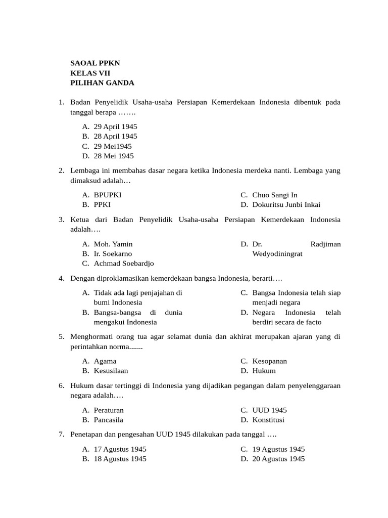 SOAL PPKN KELAS 7 AYU | PDF