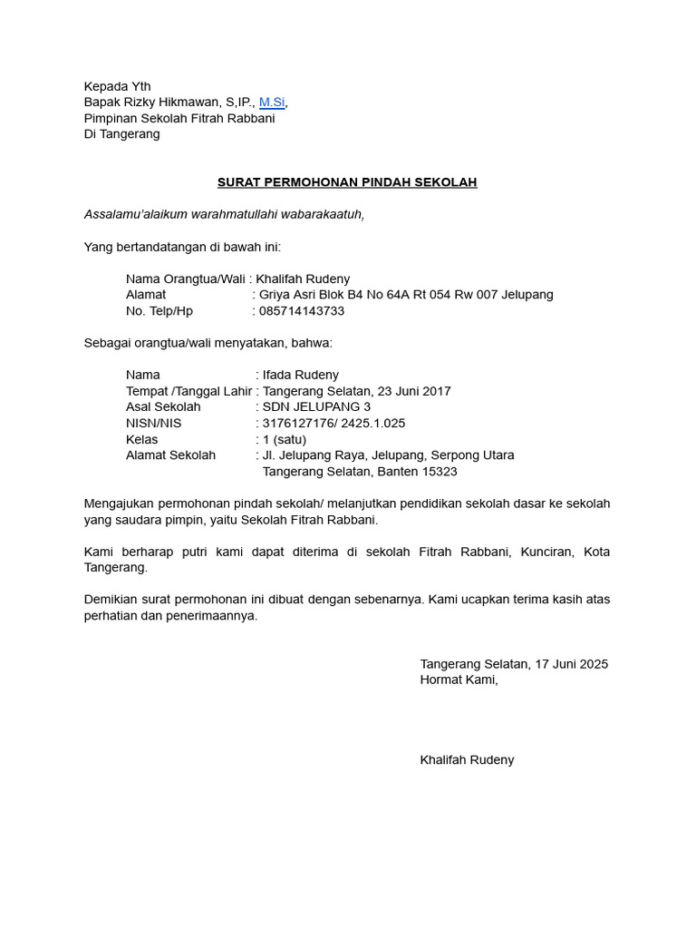 Permohonan Pindah Sekolah Ifada Rudeny | PDF