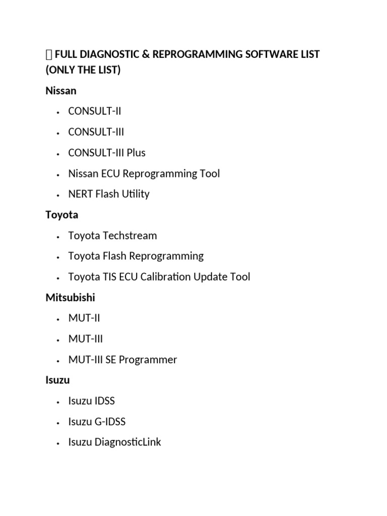 FULL DIAGNOSTIC & Reprogramming Software List | PDF | Motor Vehicle ...