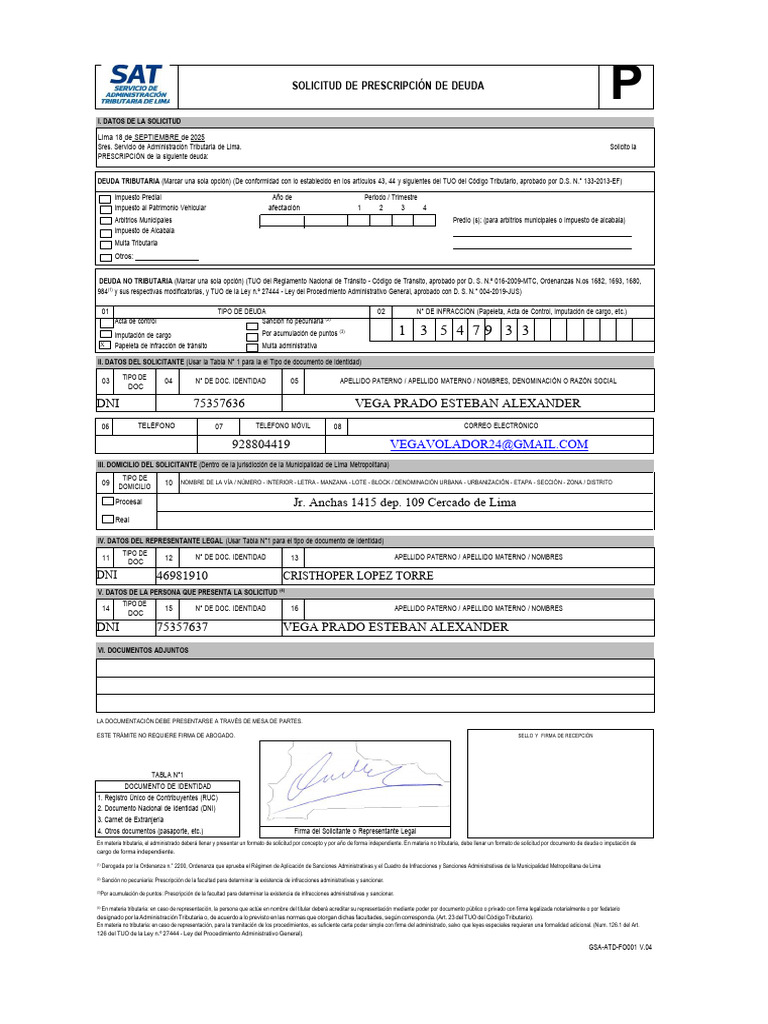 DNI 75357636 Vega Prado Esteban Alexander: Solicitud de Prescripción de ...