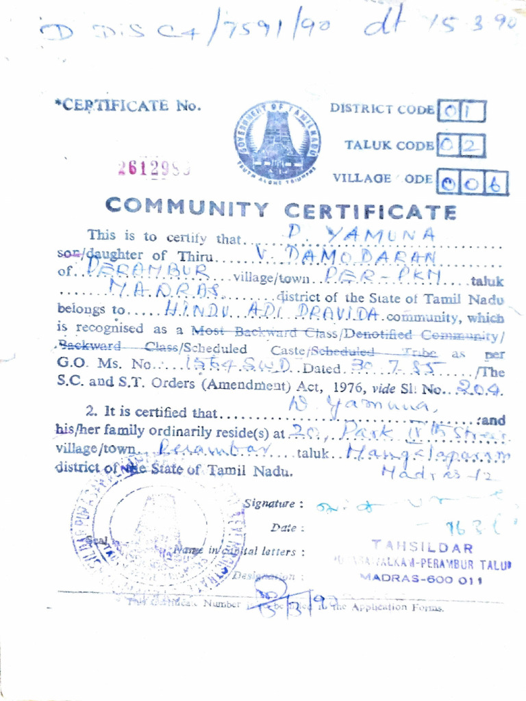 Tamil Nadu Community Certificate Template | PDF