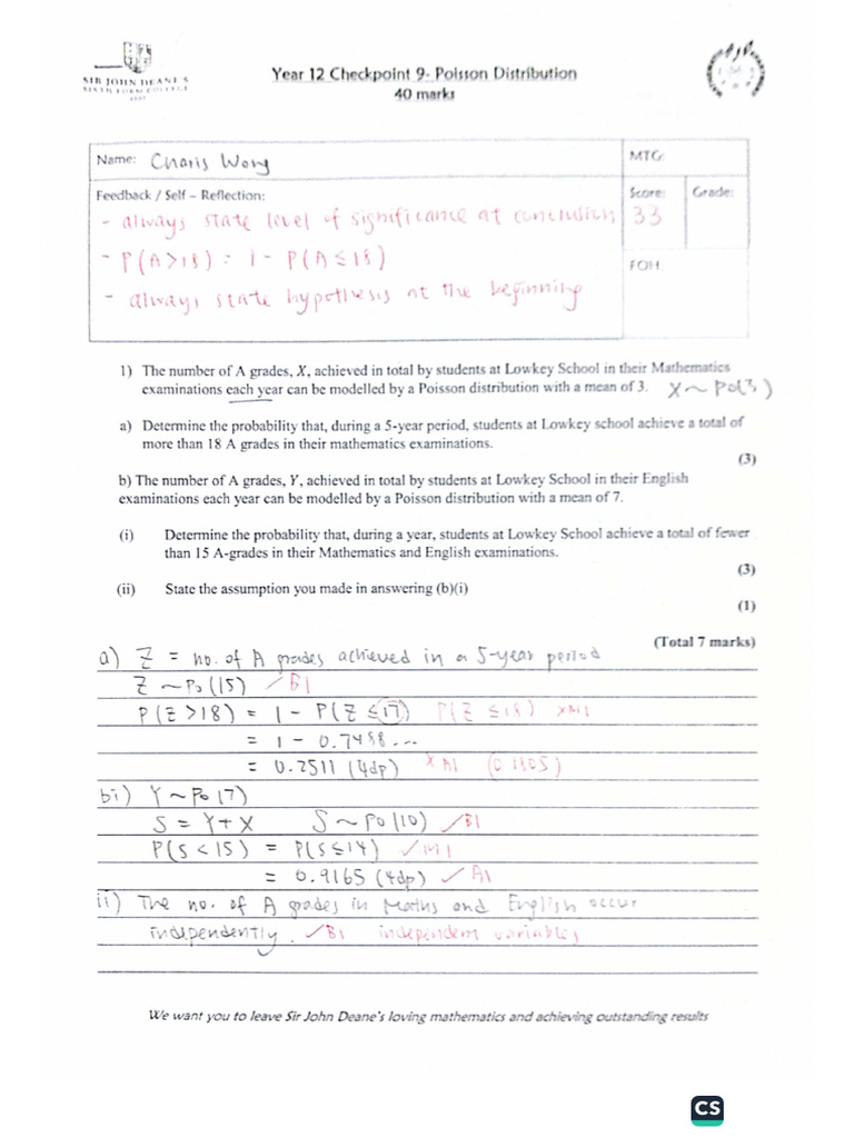 Further Maths Checkpoint 9 Marked | PDF