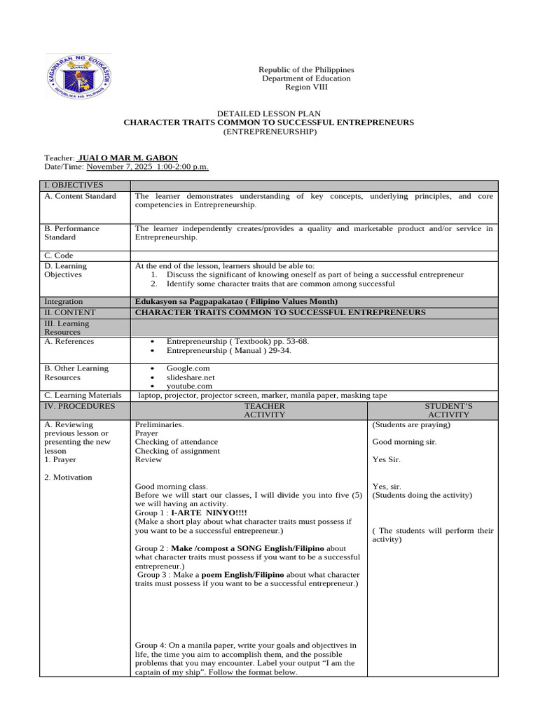 DLP in Entrep | PDF | Entrepreneurship | Learning