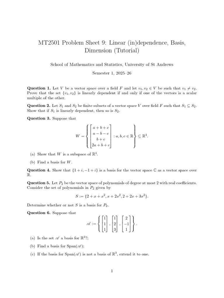 Linear Dependence and Basis Problems | PDF | Basis (Linear Algebra ...
