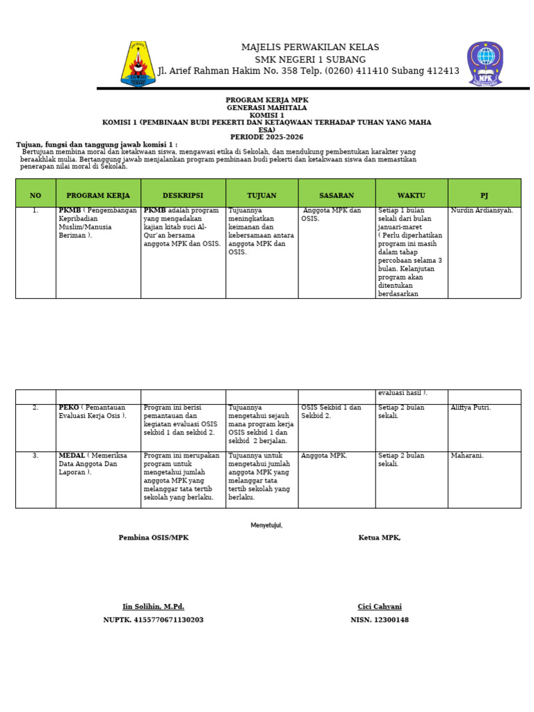 Program Kerja MPK Komisi 1 - 6 | PDF
