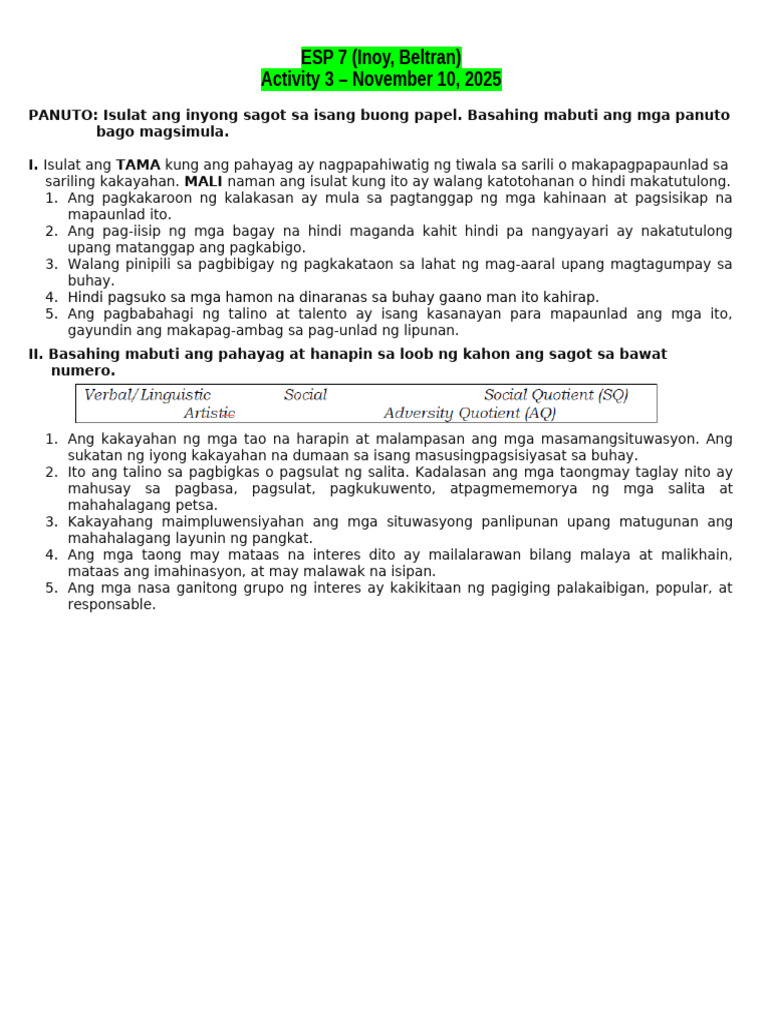 EsP 7 Q3 Activity 3 & 4 | PDF