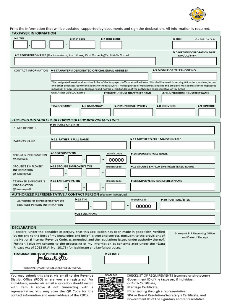 Taxpayer Registration Update Form | PDF