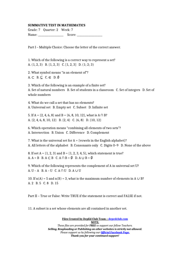 Grade 7 Math Summative Test: Sets | PDF | Set (Mathematics) | Empty Set