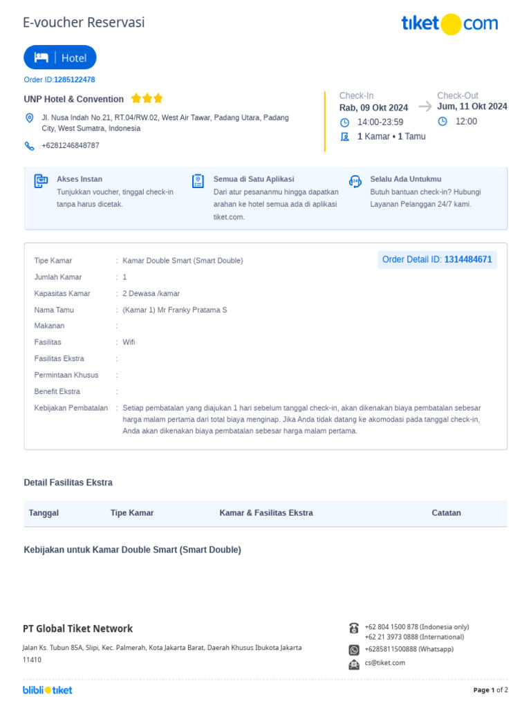 Tiket Unp Hotel | PDF