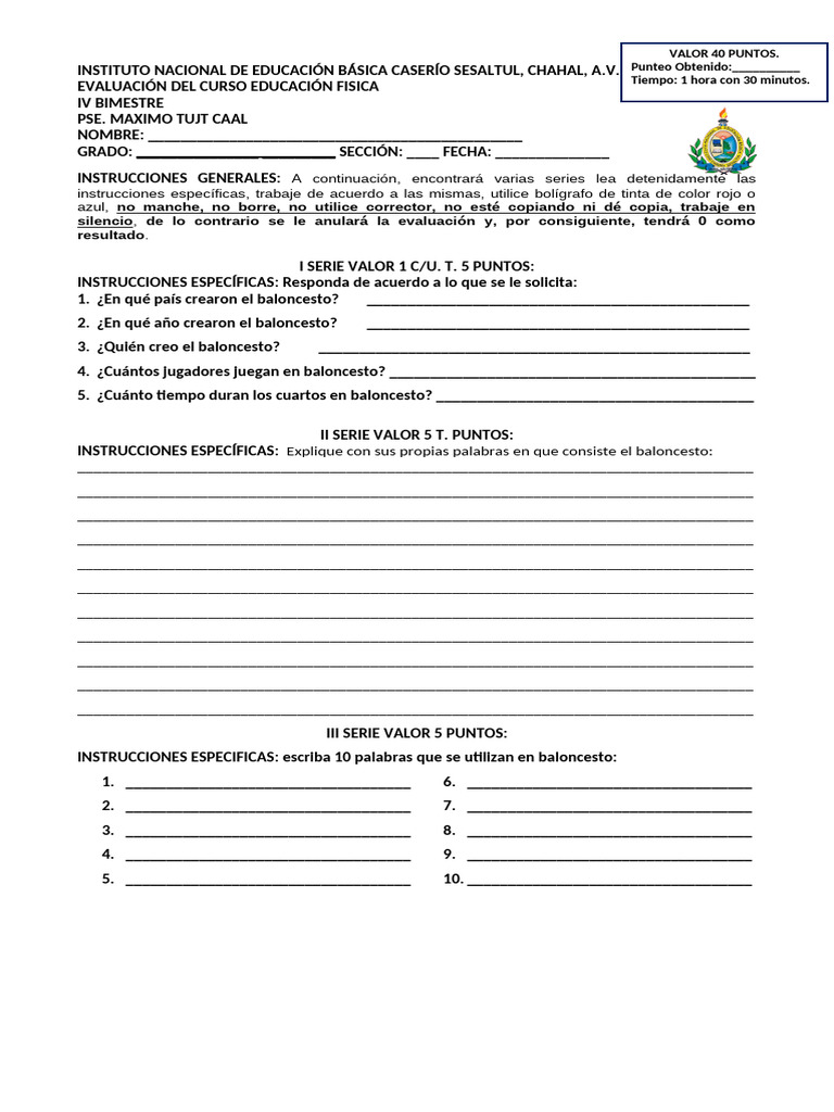 Evaluacion Educación Fisica 2025 Ineb Sesaltul IV | PDF