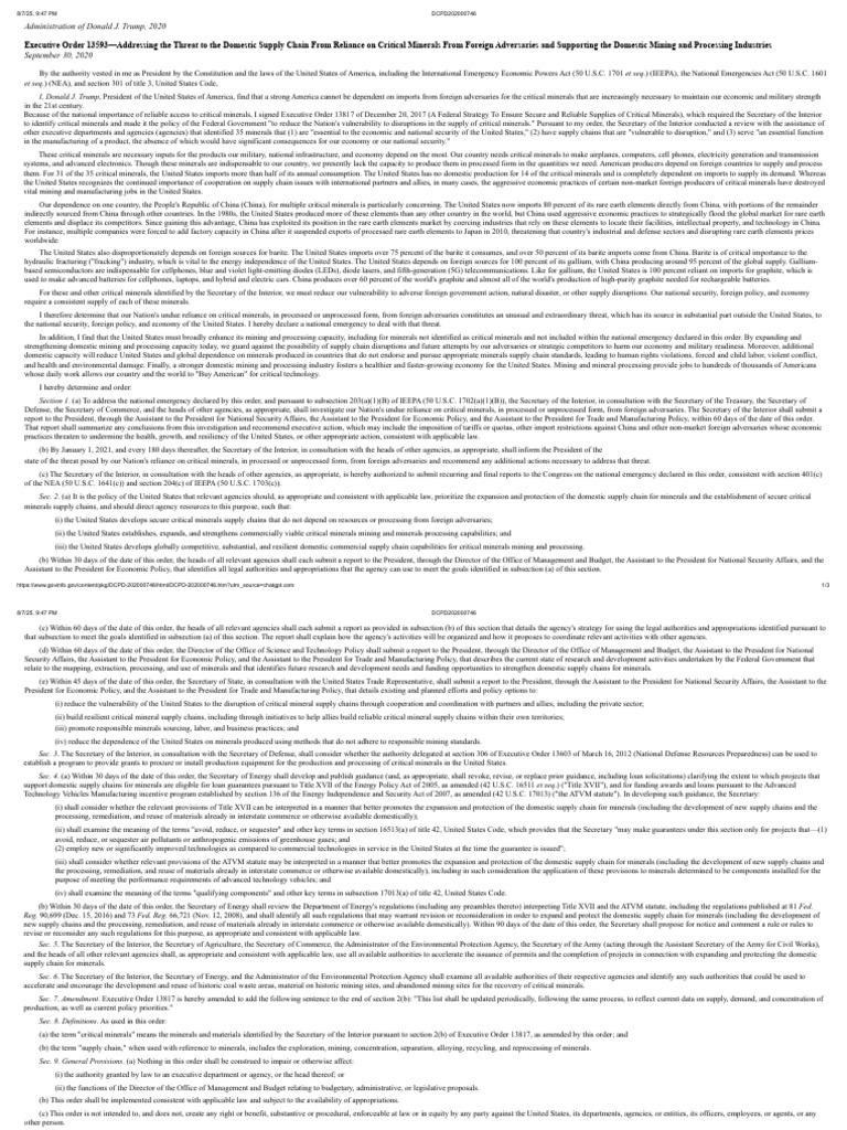 Trump's Executive Order on Critical Minerals | PDF | Economies