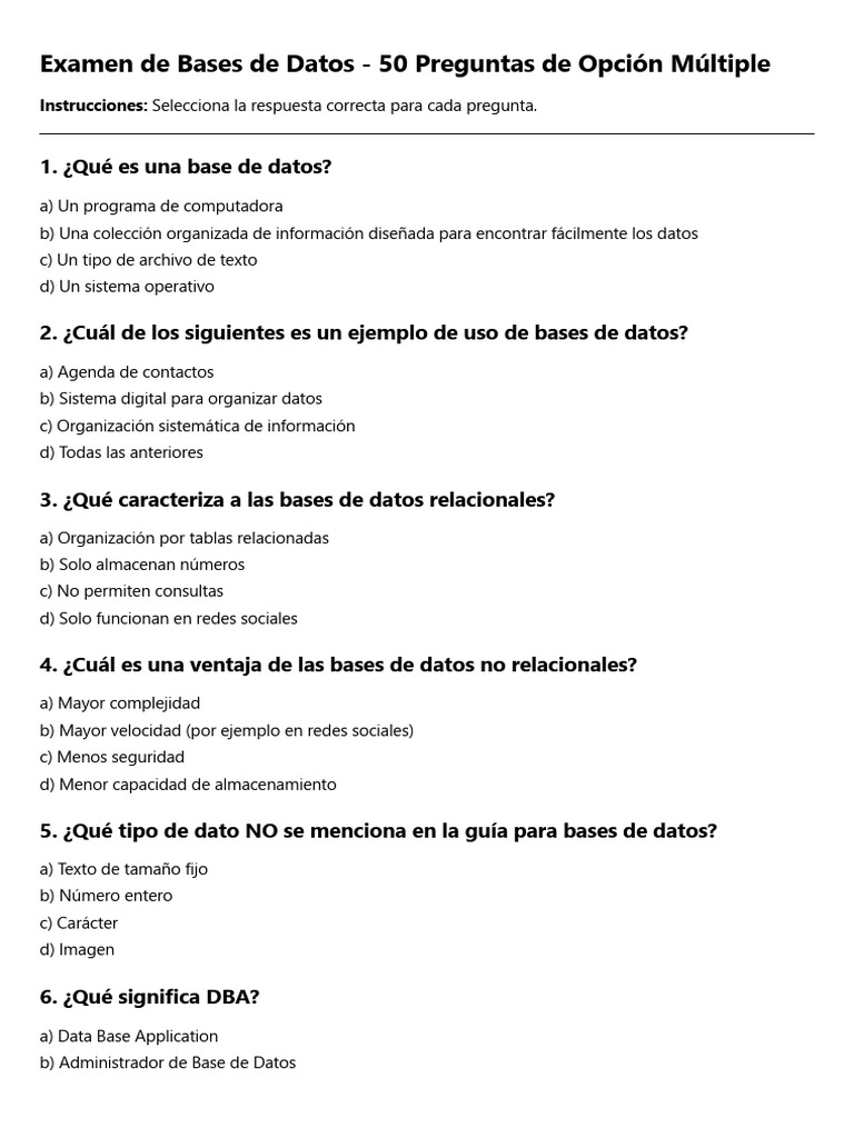Examen de Bases de Datos - 50 Preguntas | PDF | Bases de datos | SQL