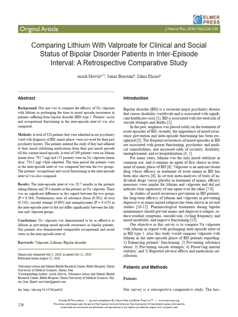 Mowla. 2020. G Lithium With Valproate For Clinical and Social | PDF ...