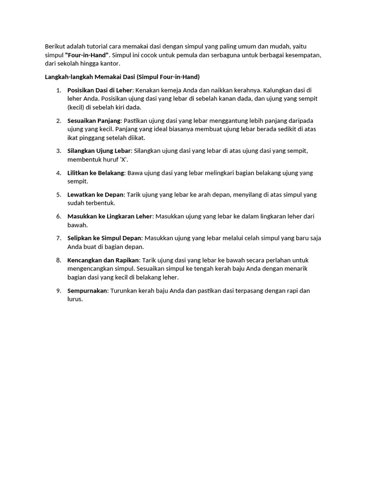 Cara Mengikat Dasi Simpul Four-in-Hand | PDF