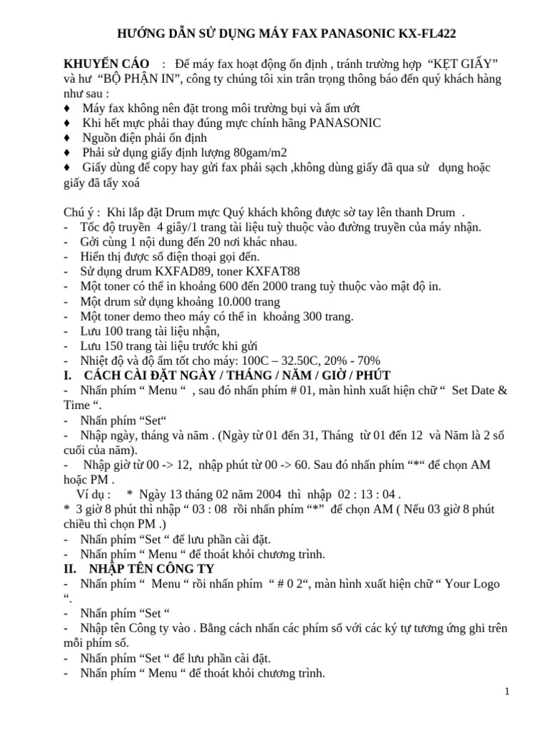 Hướng Dẫn Sử Dụng Máy Fax Panasonic Kxfl422 | PDF