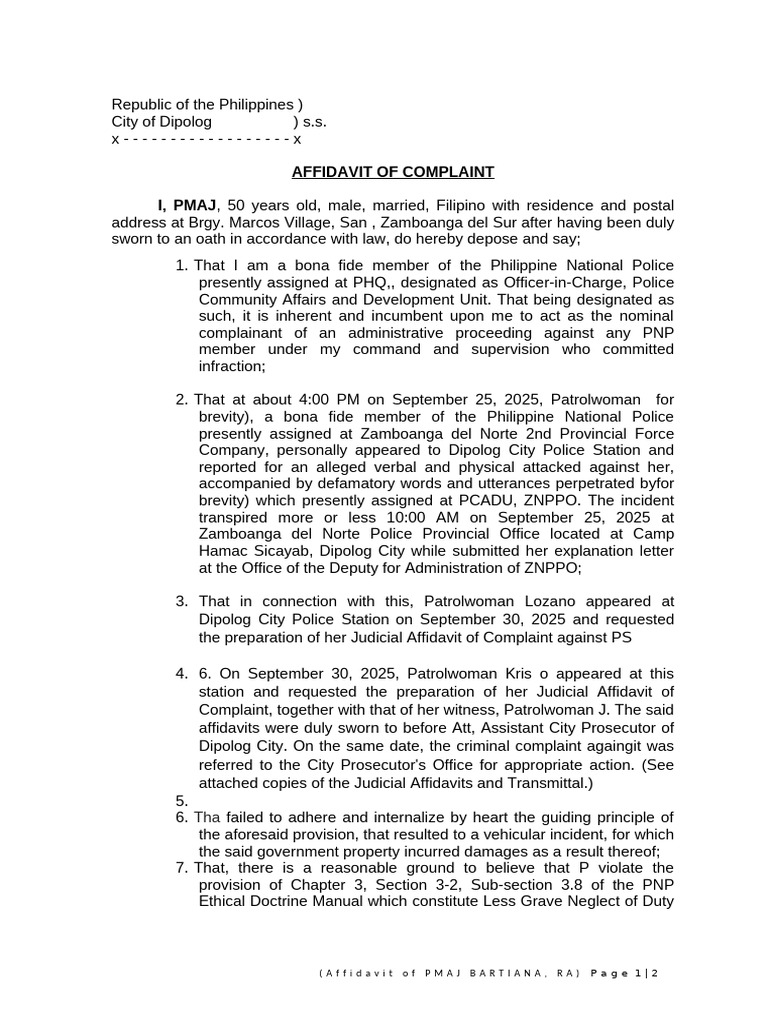 Affidavit of Complaint Against PNP Officer | PDF | Affidavit | Public Law