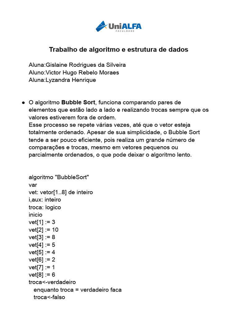Algoritmos e Estrutura de Dados Trabalho de Algoritmo e Estrutura de Dados 2 Bimestre GISLAINE ...