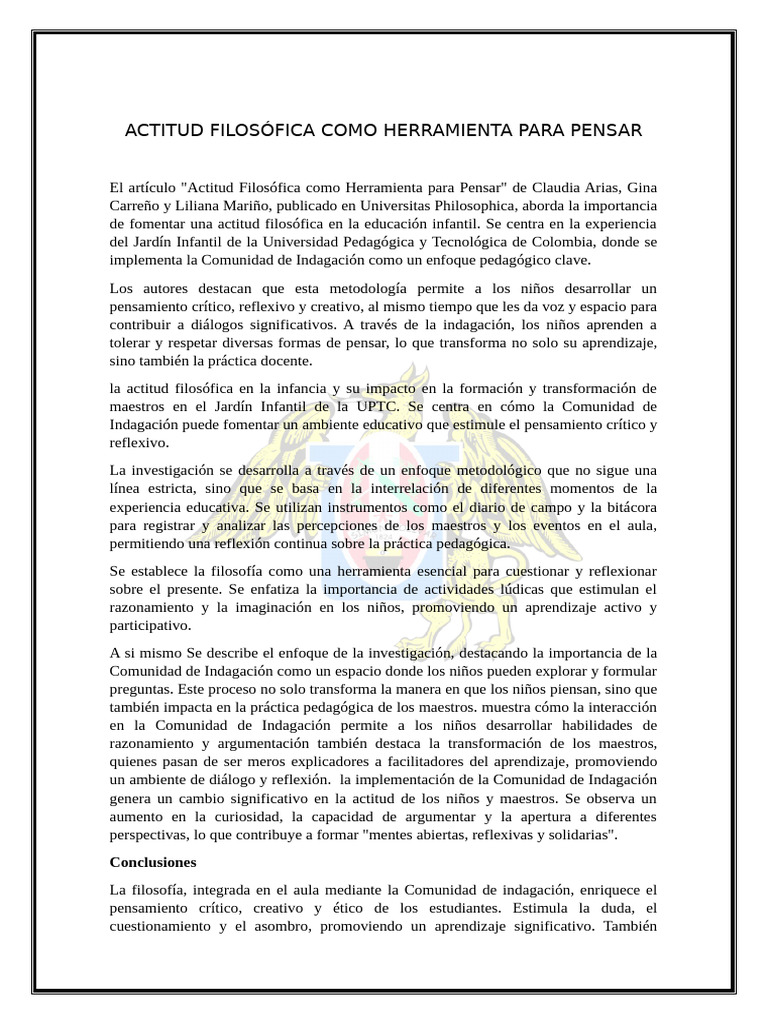 Actitud Filosófica Como Herramienta para Pensar | PDF | Educación de la ...