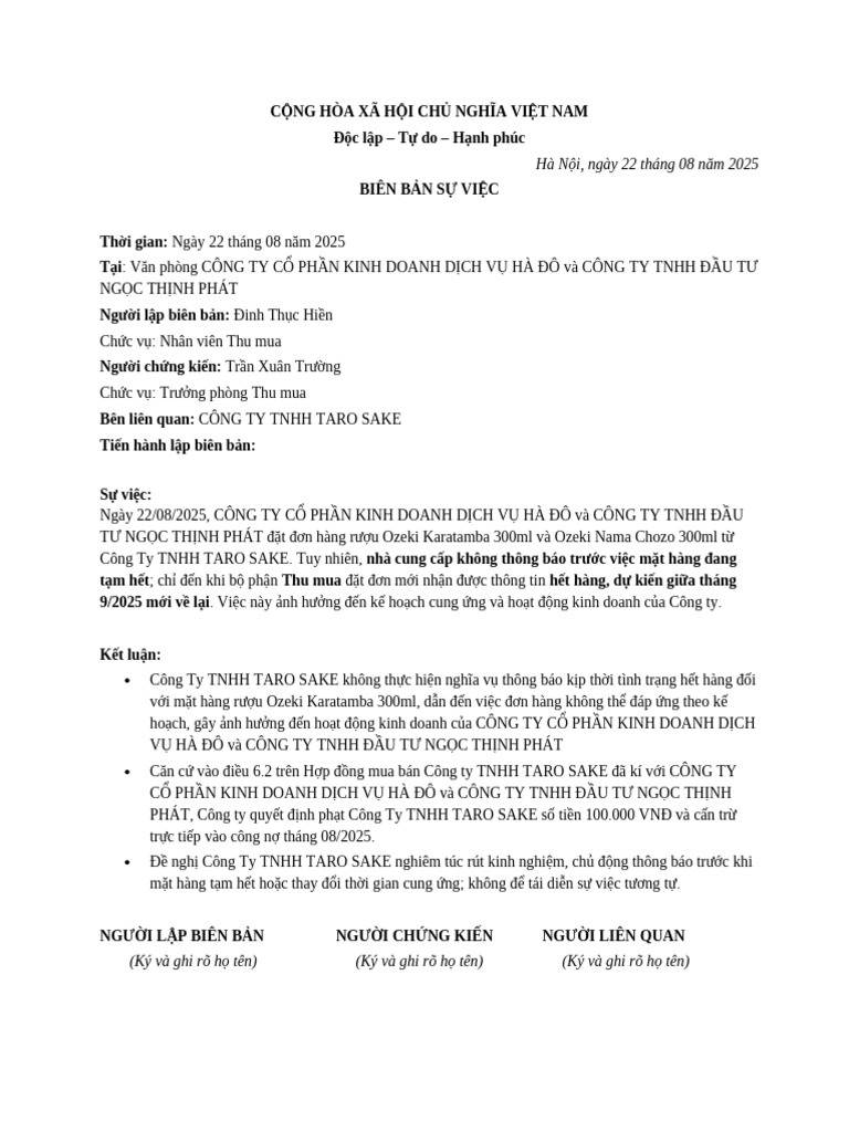 Biên Bản Phạt (1) Về Quy Định Hàng Hoá Taro - NTP - Hà Đô | PDF
