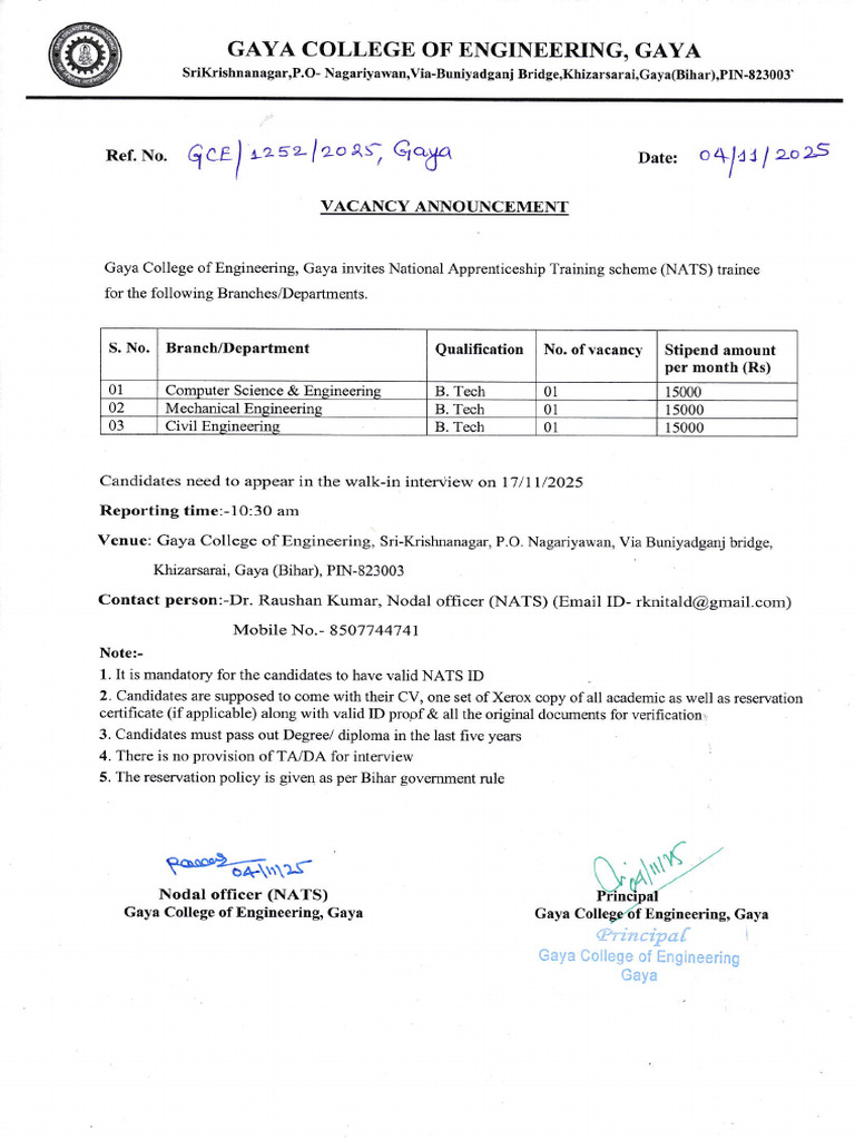 GCE-1252-2025 NATS Vacancy Announcement | PDF