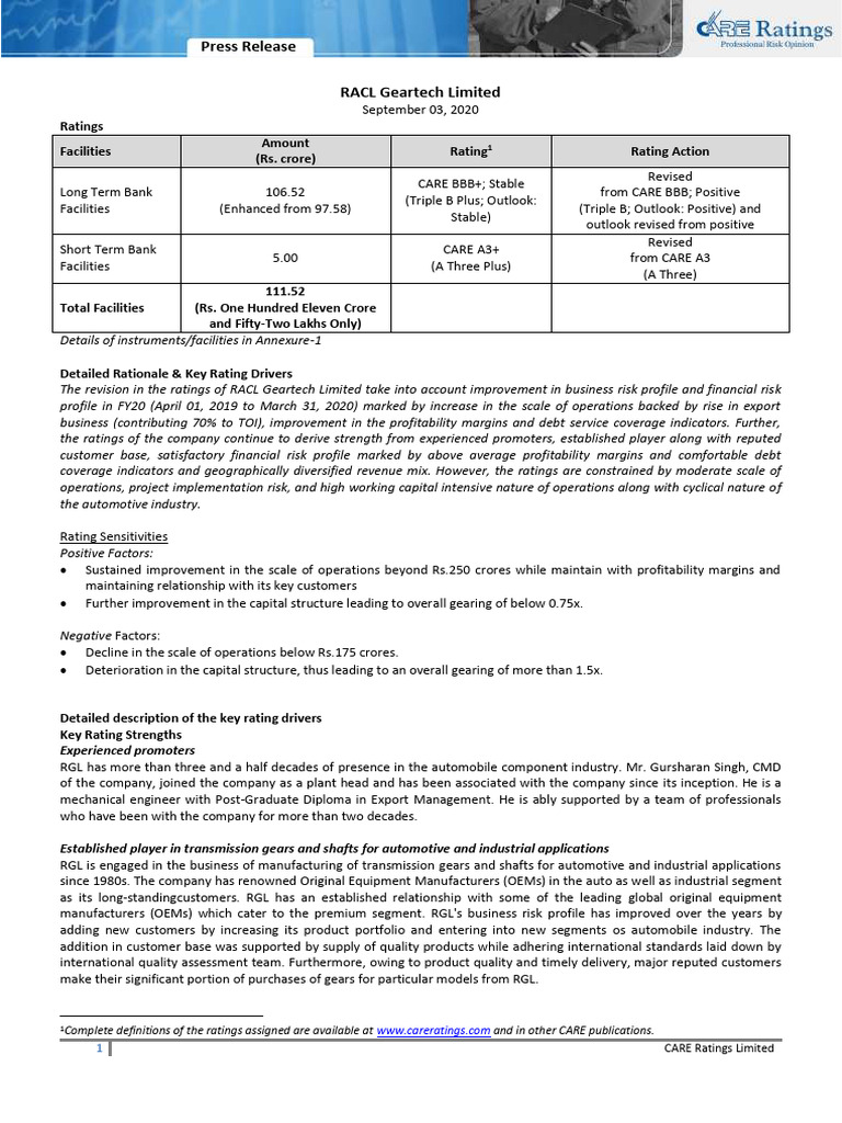RACL Geartech Limited Rating Update | PDF | Credit Rating Agency ...
