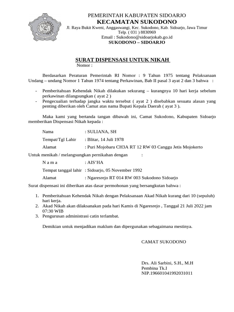 Dispensasi Camat Kec. Sukodono | PDF