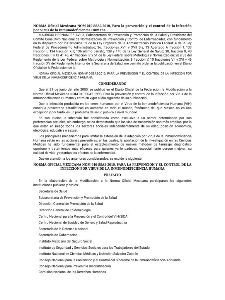 NORMA Oficial Mexicana NOM-010-SSA2-2010, Para La Prevención y El Control de La Infección Por ...