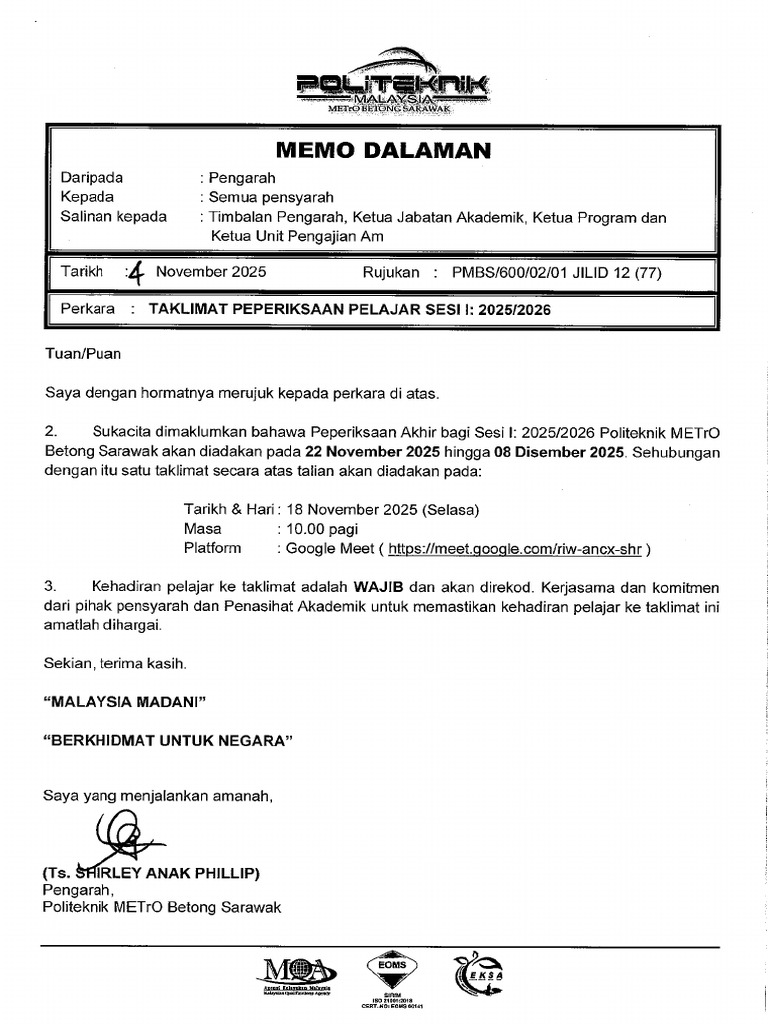 Memo Taklimat Peperiksaan Pelajar Sesi I 2526 - Signed | PDF