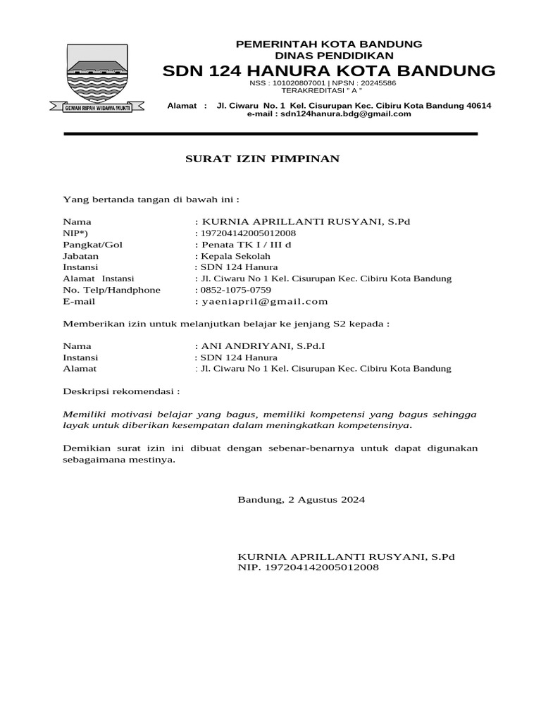 Surat Izin Belajar S2 SDN 124 Hanura | PDF