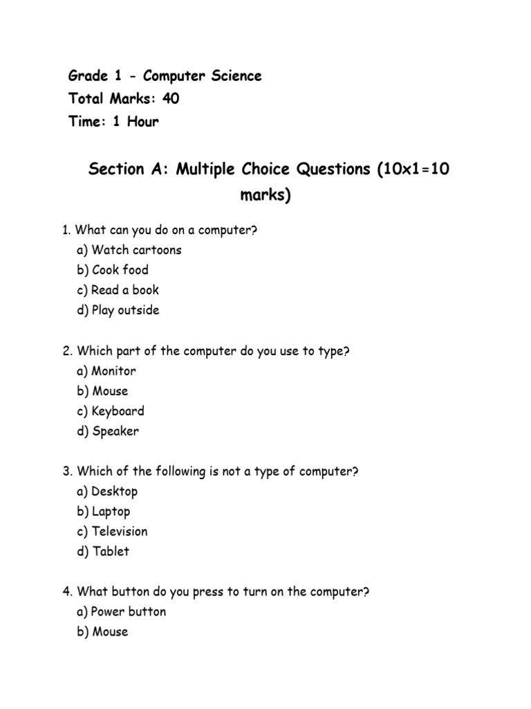 Grade 1 - Computer Science | PDF | Computer Keyboard | Computer Monitor