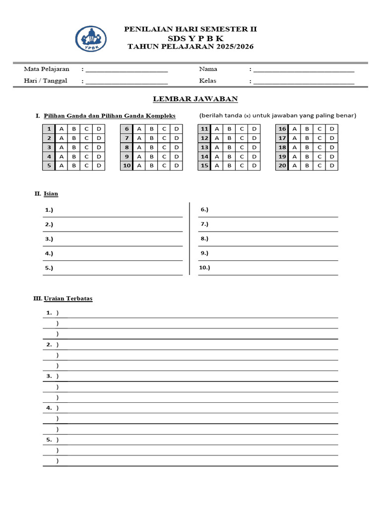 Lembar Jawaban Penilaian Harian Kelas VI PG - Essay TA 25-26 | PDF