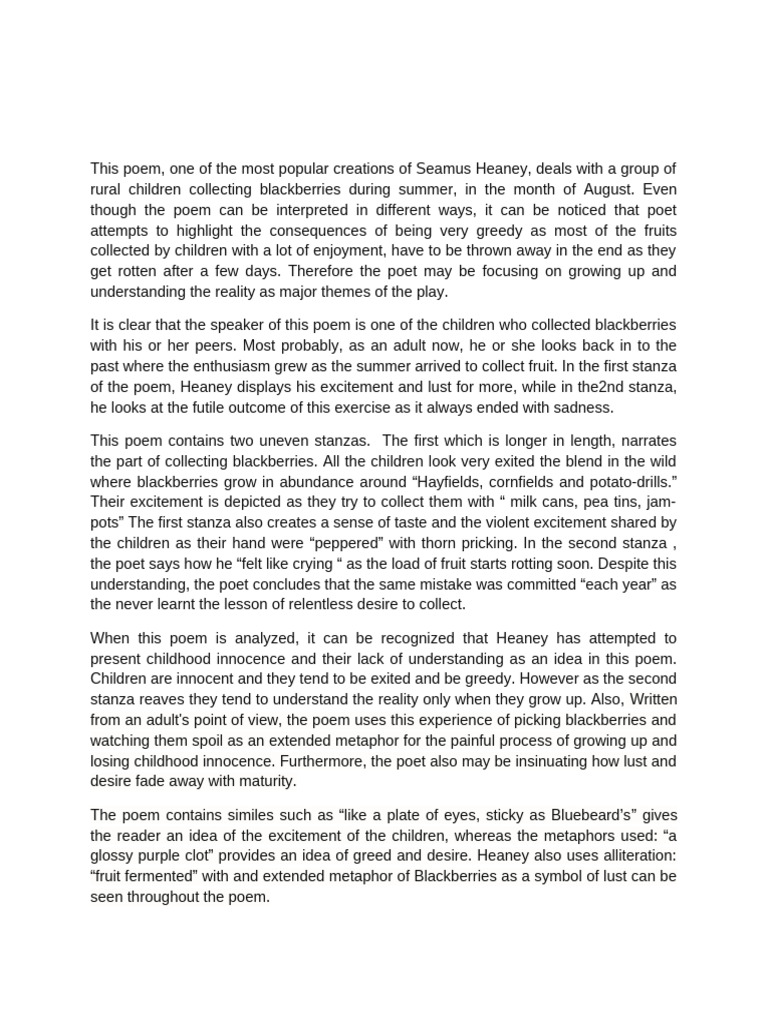 Heaney's "Blackberries": Childhood and Greed | PDF | Poetry | Blackberry
