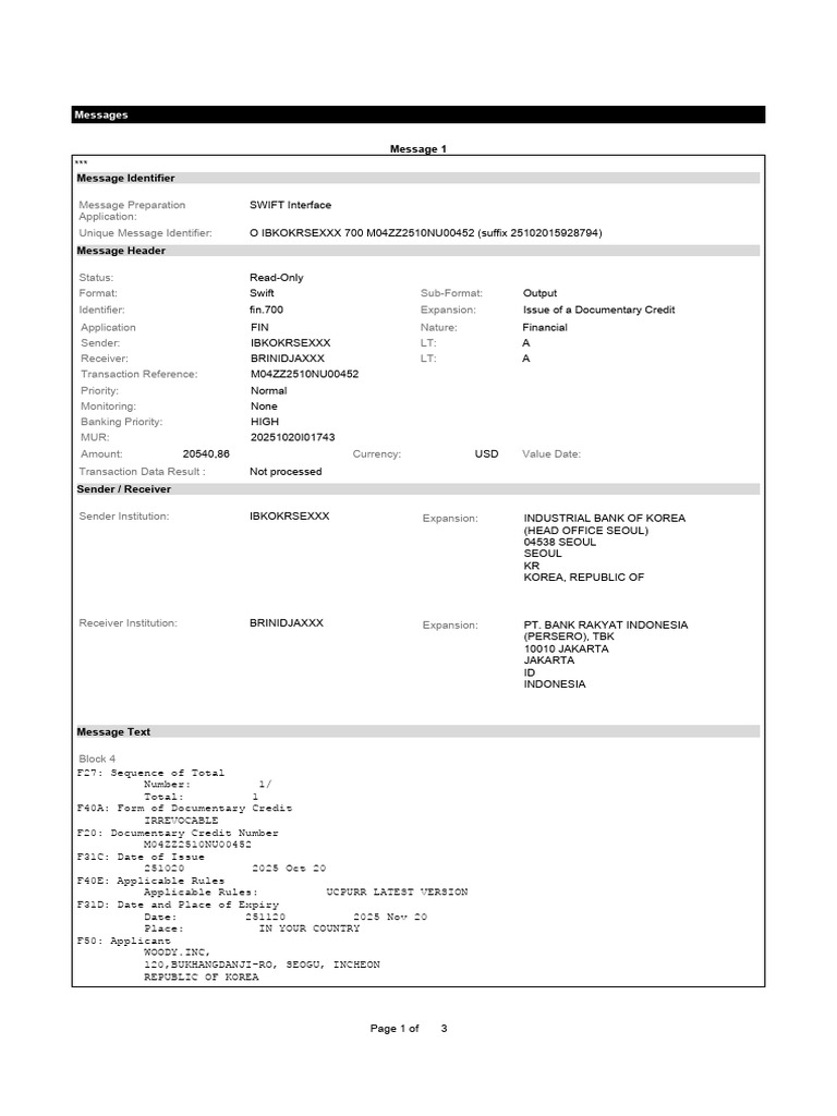 SWIFT Message: Documentary Credit Details | PDF | Banks