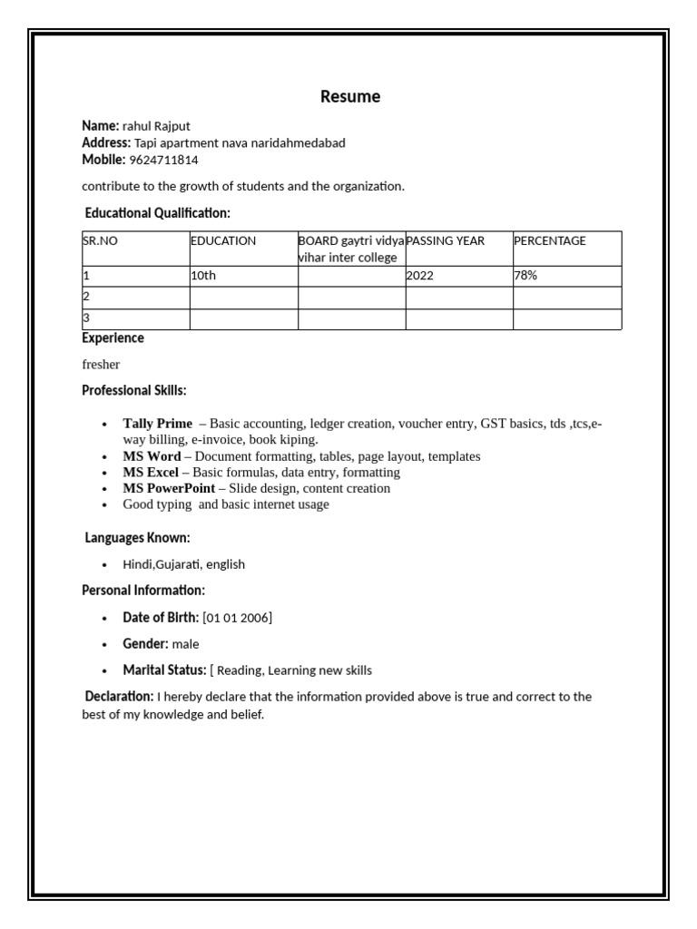 Resume of Rahul Rajput - Fresher Profile | PDF