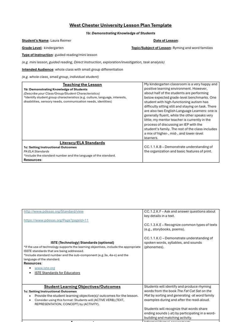 Kindergarten Rhyming Lesson Plan | PDF | Learning | Human Communication