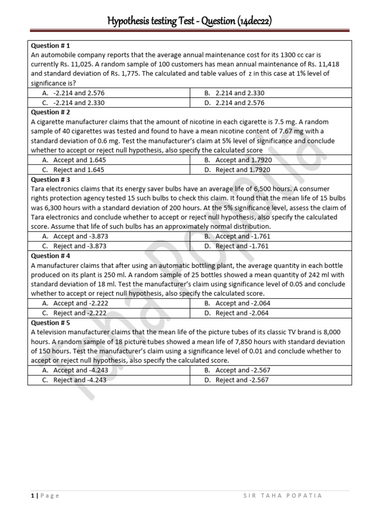 Hypothesis Testing Questions and Answers | PDF | Statistical ...
