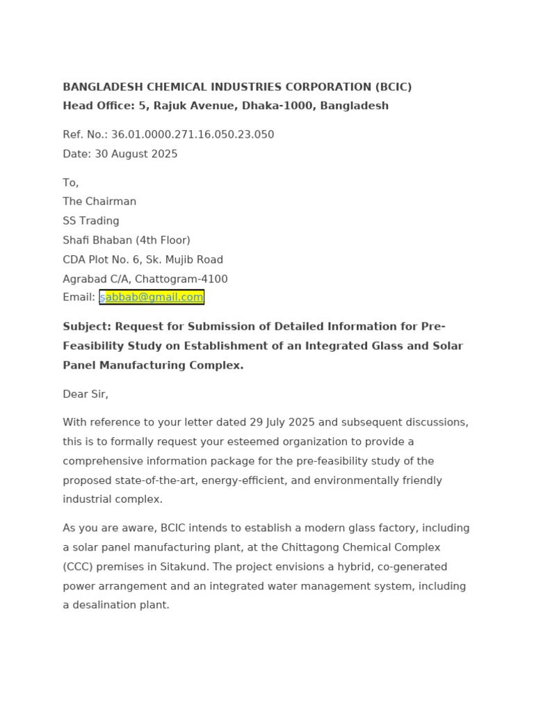 Request For Submission of Detailed Information For Pre-Feasibility ...