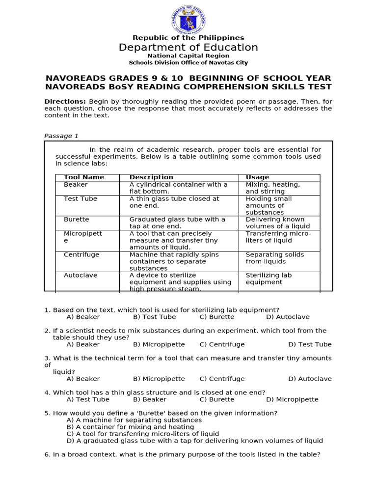 EDITED Navoreads Grades 9 10 BOSY Skills Test | PDF