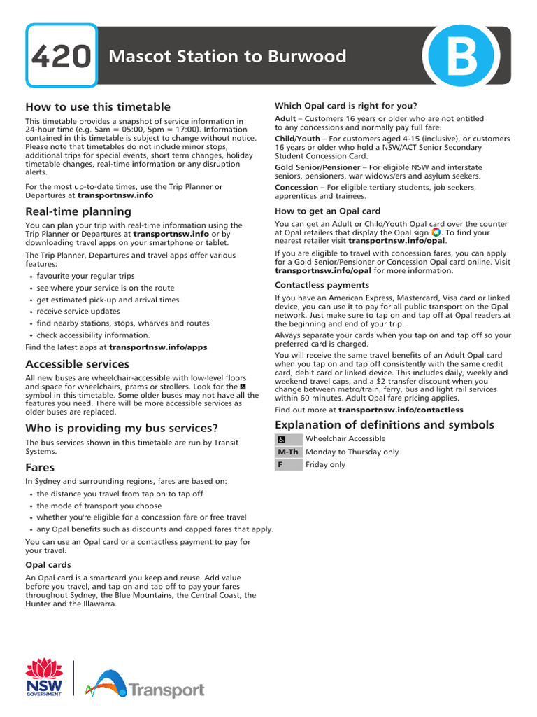 420 Bus Timetable: Mascot to Burwood | PDF | Public Transport | Transport