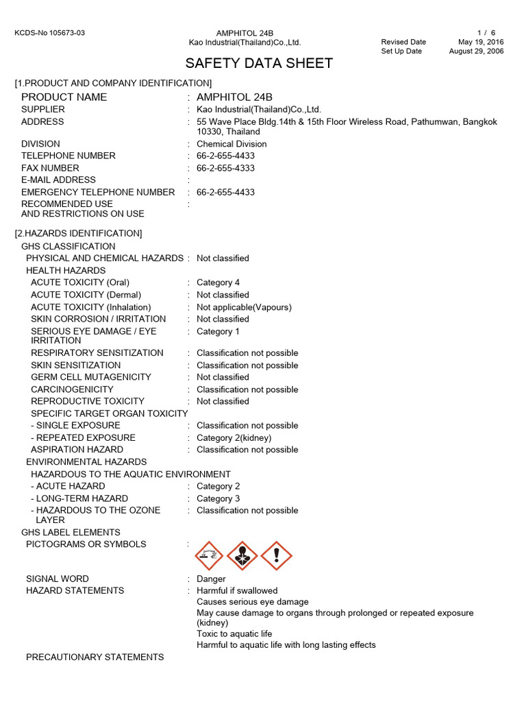 Amphitol 24B Safety Data Sheet | PDF | Toxicity | Chemistry