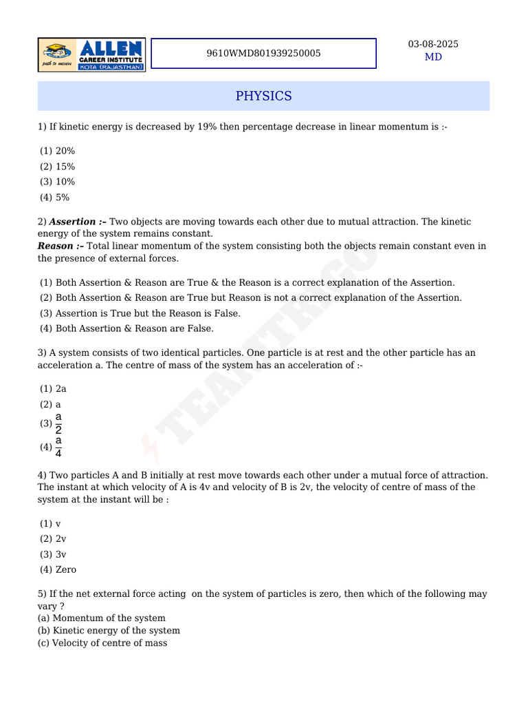Physics Questions on Kinetic Energy and Momentum | PDF | Blood Type ...