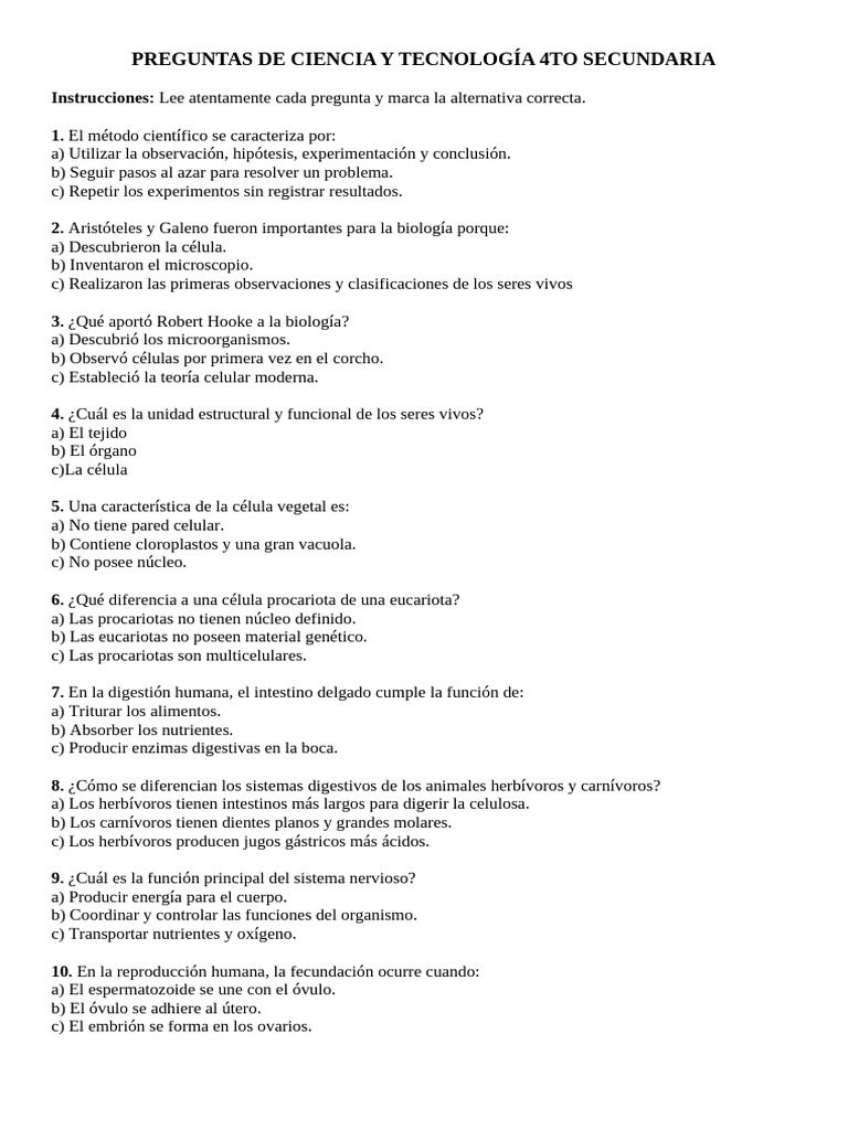 Preguntas de Ciencia y Tecnología 4to Secundaria | PDF | Biología ...