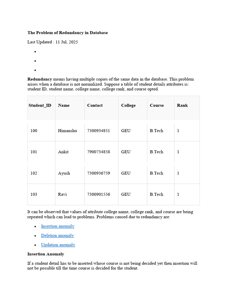 Database Redundancy Issues Explained | PDF | Databases | Computer Science