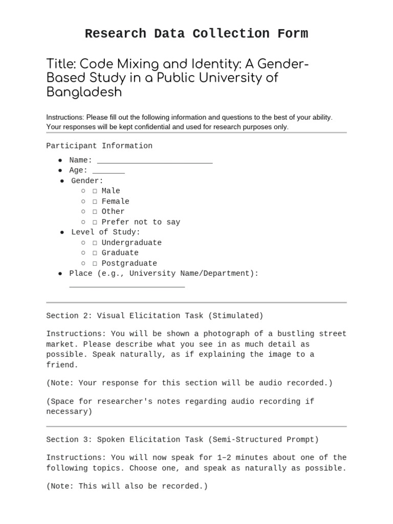 Research Data Collection Form | PDF | English Language | Communication