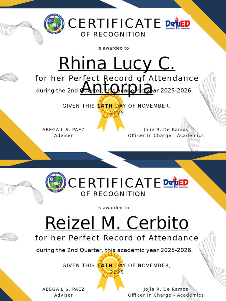 Perfect Attendance Certificates 2025 | PDF