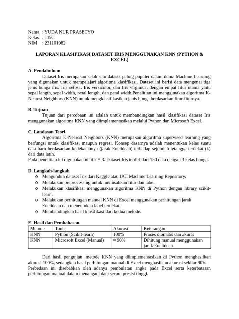 Laporan Klasifikasi Dataset Iris Menggunakan KNN | PDF