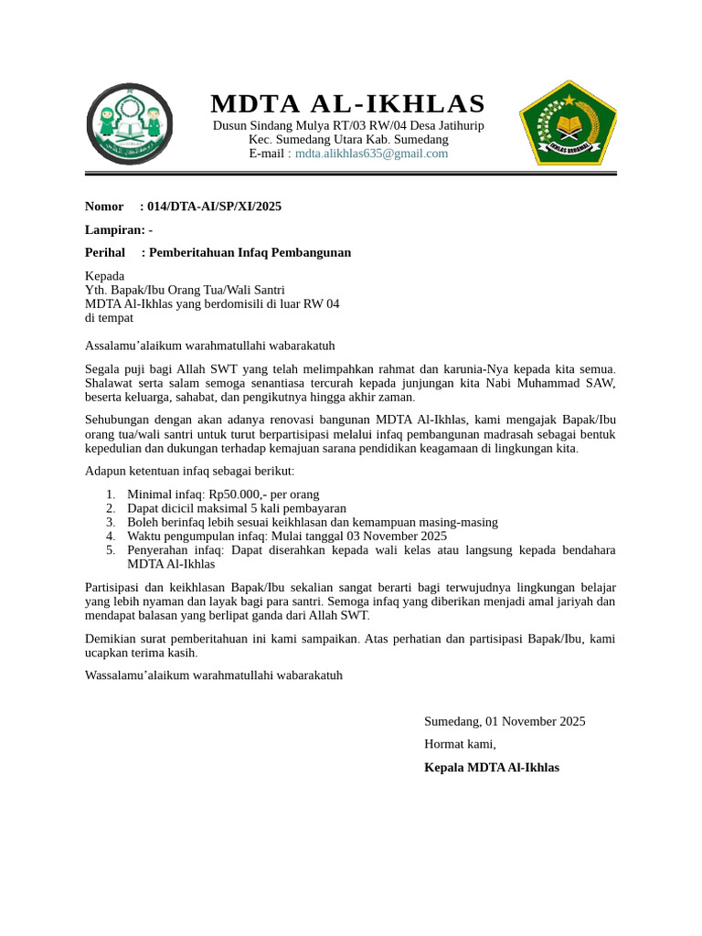 Pemberitahuan Infaq Renovasi MDTA Al-Ikhlas | PDF