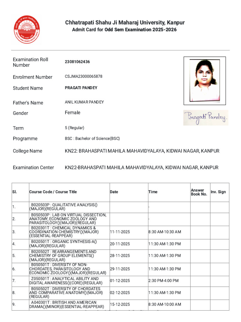 Csjmu - Samarth.ac - in Index - PHP Examstudent Hall-Admit-card View Id ...
