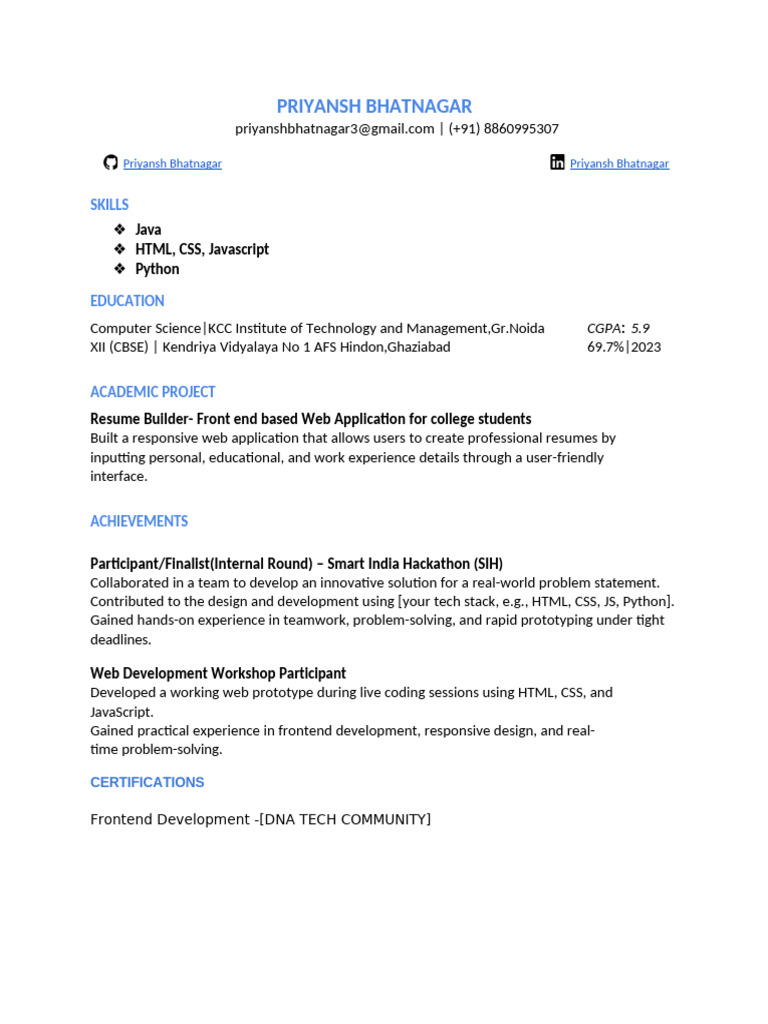 Priyansh Bhatnagar: Web Developer Resume | PDF